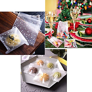 LiyuanQ Christmas Self Adhesive Candy Bag 200 PCS Cellophane Cookie Bags Self-adhesive Sealing Cellophane Bags White Polka Dot Clear Bags OPP Plastic Party Bag for Bakery, Candy (5.5 x 5.5 inches)