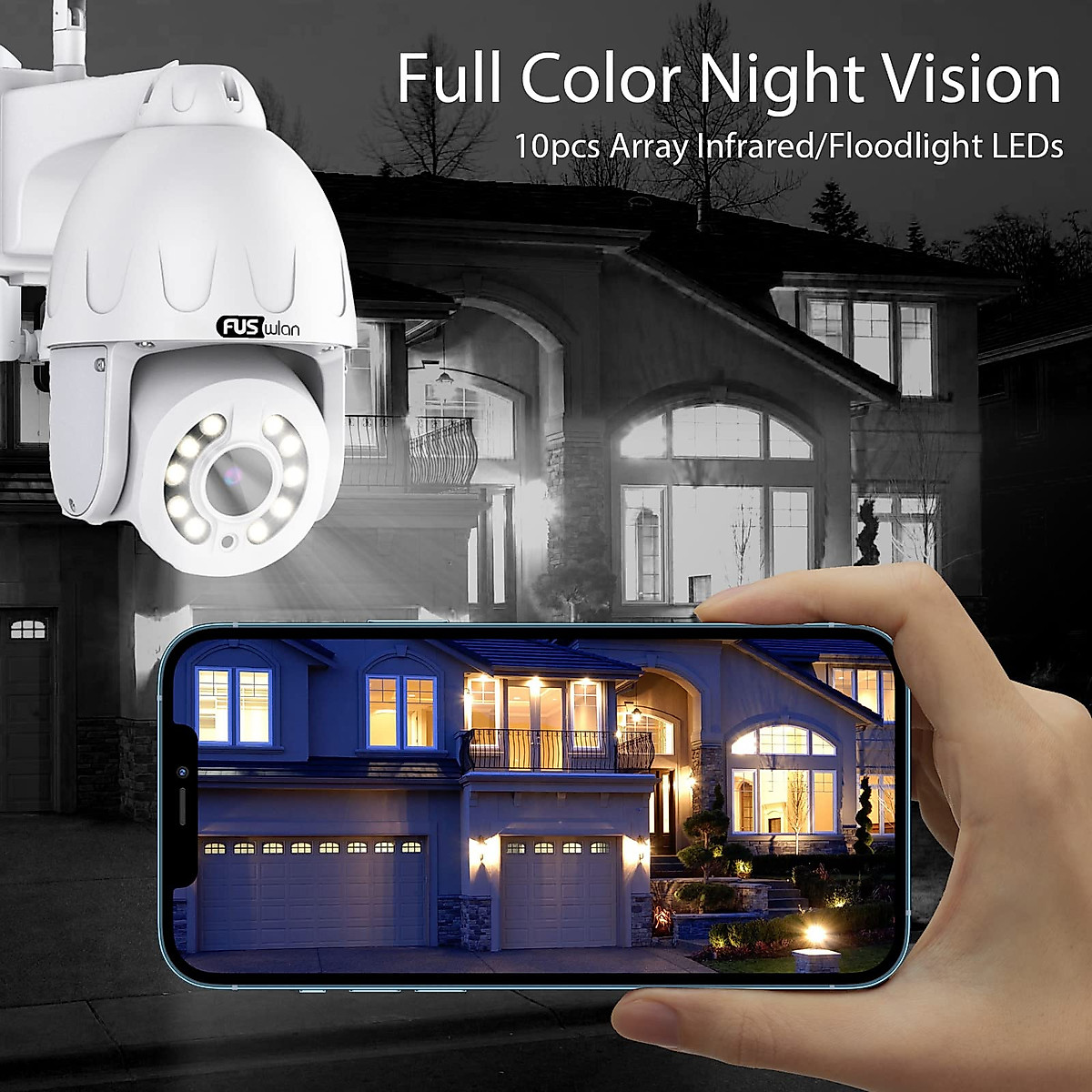 FUSWLAN 5MP PTZ Security Camera Outdoor, 5X Optical Zoom WiFi Cameras with Auto Tracking, Floodlight Full-Color Night Vision, Pan Tilt IP Camera, Humanoid Detection, Two-Way Audio, SD Card Storage