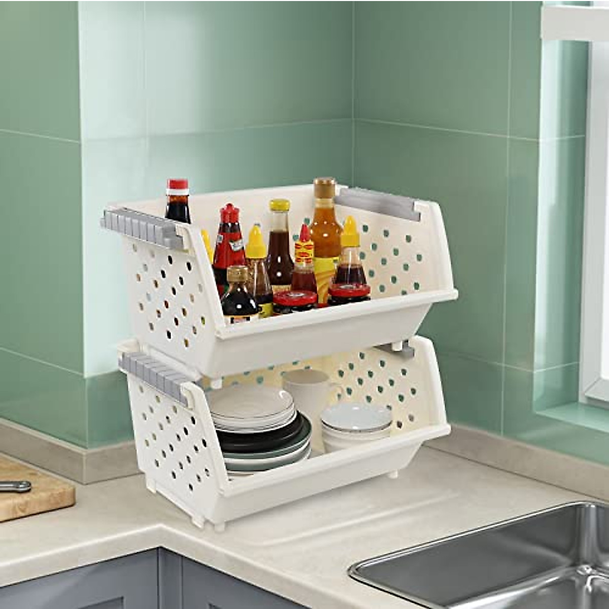 Sosody 4 Tier Plastic Basket Shelf, Large Stackable Pantry Bins