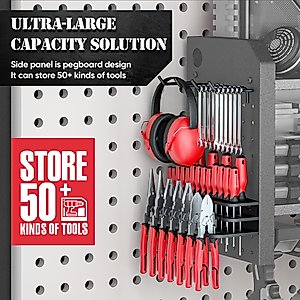 Power Tool Organizer, Large 8 Drill Holder Wall Mount with 2 Side Pegboards, Heavy Duty Metal Tool Shelf with 12 Hooks, 3 Layer Cordless Tool Organizer, Power Tool Storage for Garage Organization