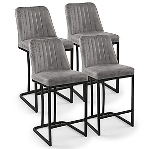 LSSPAID Bar Stools Set of 4, Upholstered Fabric Counter Height Barstools, 24.8 inch Modern Kitchen Island Chairs with Footrest and Black Metal Legs, Grey