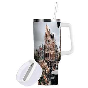 ODAWA Amsterdam Roses Street Insulated Coffee Tumbler with Lid and Straw Thermal Cups for Hot and Cold Drinks 40 Oz Stainless Steel Coffee Mug