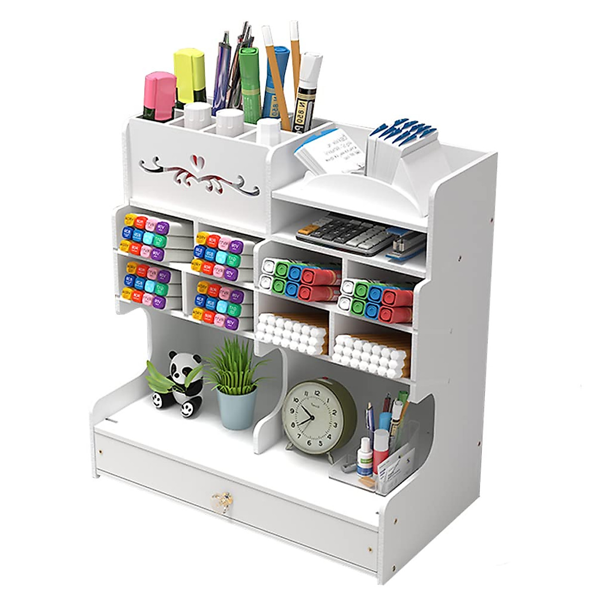 White Pen Organizer with Drawer, DIY Pencil Holder Desk Tidy Caddy Office Stationery Desktop Organizer for Home, Office and School(PB18-1-White)