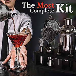 Highball & Chaser 13-Piece Cobbler Cocktail Shaker Set: Black Polished Stainless Steel Bartender Kit for Home Bar Cocktail Set | Laser Engraved Cocktail Tools | Plus E-Book with 30 Cocktail Recipes