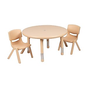Flash Furniture 33" Round Natural Plastic Height Adjustable Activity Table Set with 2 Chairs