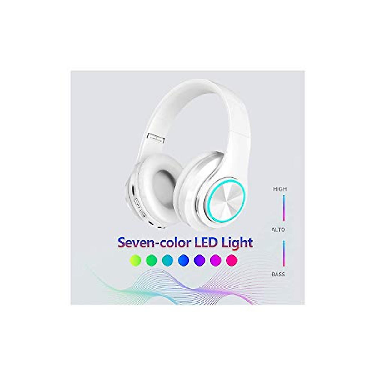 Bluetooth Over Ear Headphones, Colorful LED Lights Headphones with Built-in Mic, Light Weight, Wired and Wireless Foldable HiFi Stereo Headphones for Classroom/Home Office/PC/Mobile Phone-White