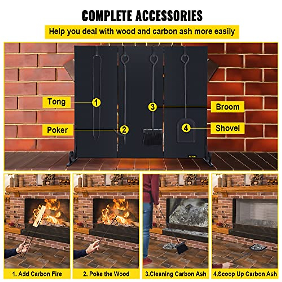 VEVOR Fireplace Screen, 47 x 34.3 Inch, 3-Panel Iron Freestanding Spark Guard with Support, Metal Craft, Broom Tong Shovel Poker Included, for Fireplace Decoration & Protection, Black