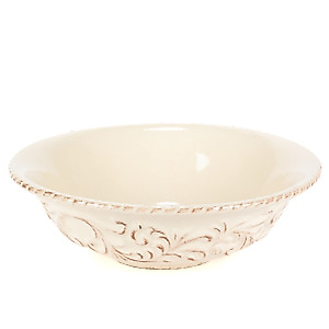 Detailed Embossed Cream Ceramic 9.5-Inch Dia. Bowl With Beautiful Acanthus Leaf Scrolled Metal Base