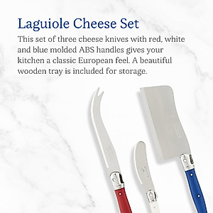 Jean Dubost Laguiole 3-Piece Cheese Knife Set, Paris-Colored Handles - Rust-Resistant Stainless Steel - Includes Wooden Tray - Made in France