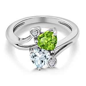 Gem Stone King 925 Sterling Silver Green Peridot Sky Blue Aquamarine Ring For Women (1.53 Cttw, Heart Shape 6MM, Gemstone August Birthstone, Available In Size 5, 6, 7, 8, 9)