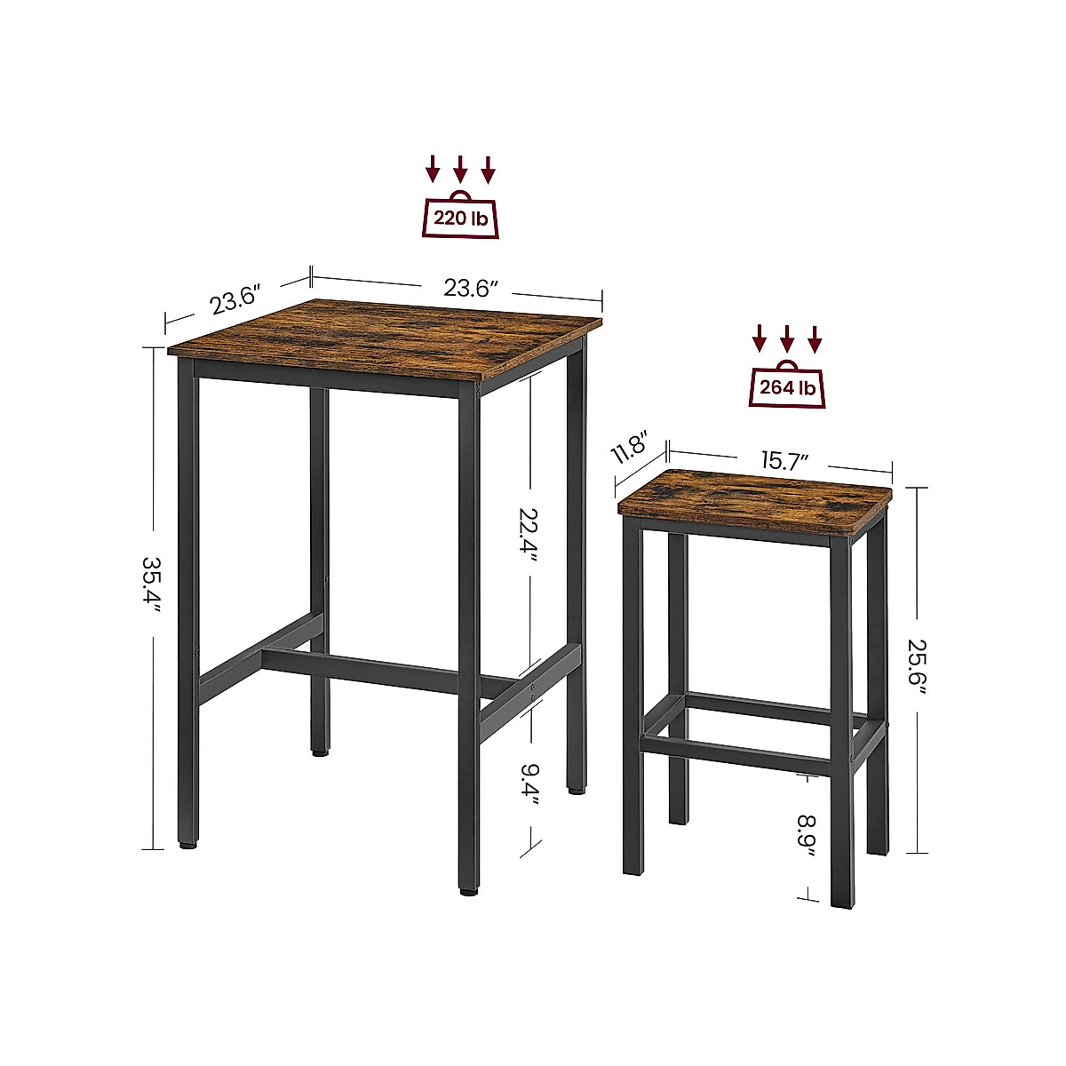 VASAGLE Bar Table and Chairs Set, Square Bar Table with 2 Bar Stools, Dining Pub Bar Table Set for 2, Space Saving for Kitchen Breakfast, Living Room, Party Room, Rustic Brown and Black