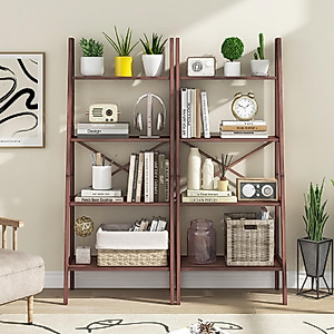 Tangkula 4-Tier Bamboo Ladder Bookshelf, Rustic Bookcase, Floor Standing Shelving Unit, Book Shelf Storage Organizer, Display Rack for Living Room, Kitchen, Bedroom, Office (1, Walnut)