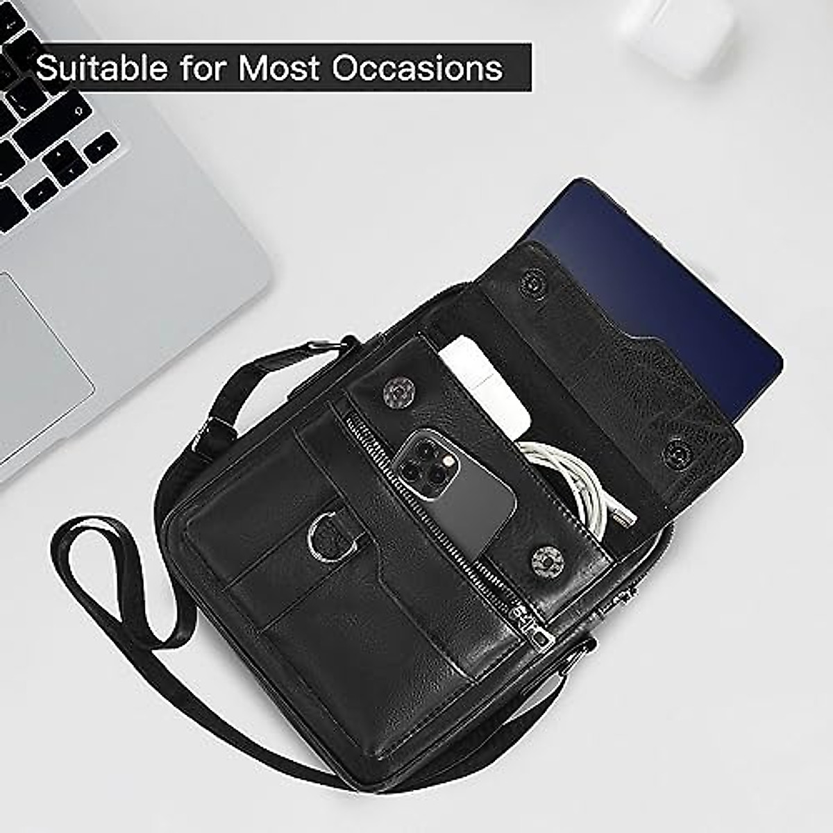 Small Messenger Bag for Men, Side Crossbody Shoulder Bag for Men Women Strap Sling PU Leather Messenger Bag for Hiking Walking Biking Travel Cycling, Black