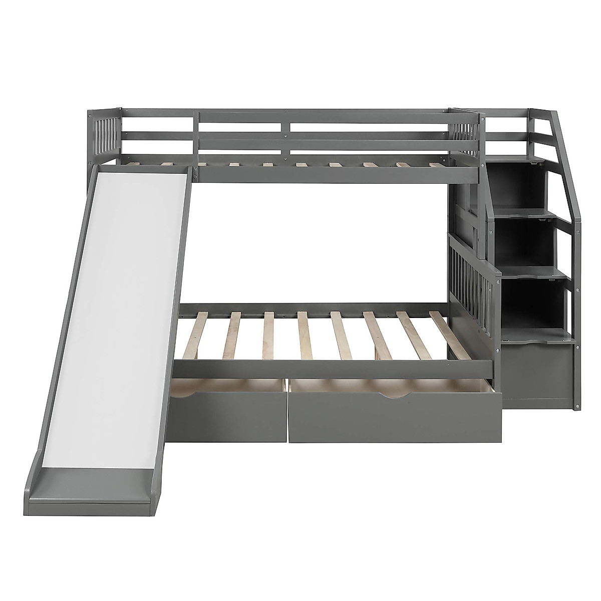 Twin Over Full bunk Bed with Drawers,Storage and Slide - Twin Over Full Bed Frame for Kids, Teens Bedroom, Guest Room Furniture, No Box Spring Needed
