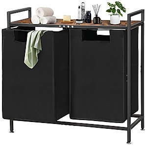 Rengue Laundry Sorter 2 Section, Laundry Hamper with Wood Table Top and 2 Pull-Out Baskets Clothes Hamper for Laundry Storage Organization Waterproof Oxford Laundry Basket 3 X 12 Gal/46L
