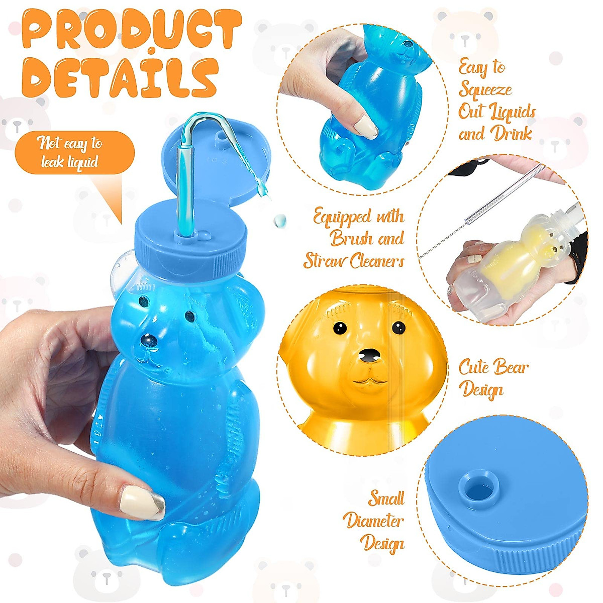 Zubebe 12 Pack Honey Bear Straw Cups Bulk with 24 Flexible Straws and Cleaning Tools, 8 Oz Therapy Sippy Bottles for Speech and Feeding Training Daily Drinking Supplies (Green, Orange, Blue)