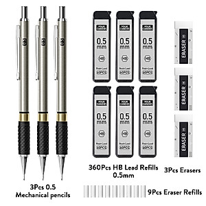 Four Candies Metal Mechanical Pencil Set - 3PCS 0.5mm Art Mechanical Pencils & 360PCS HB Lead Refills & 3PCS Erasers & 9PCS Eraser Refills, Drawing Mechanical Pencils for Writing, Sketching -With Case