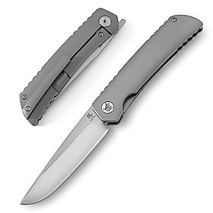KATSU Folding Pocket Japanese Knife, Sandblasted Titanium Handle, ZDP-189 Super Steel Convex Grind Blade, Leather Sheath