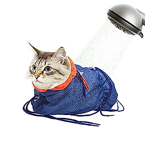 Catcan Cat Bathing Bag, Breathable Mesh Cat Shower Bag Anti Scratch Adjustable Cat Grooming Bag for Nail Trimming, Bathing Polyester Soft Cat Washing Bag (Blue-Orange)