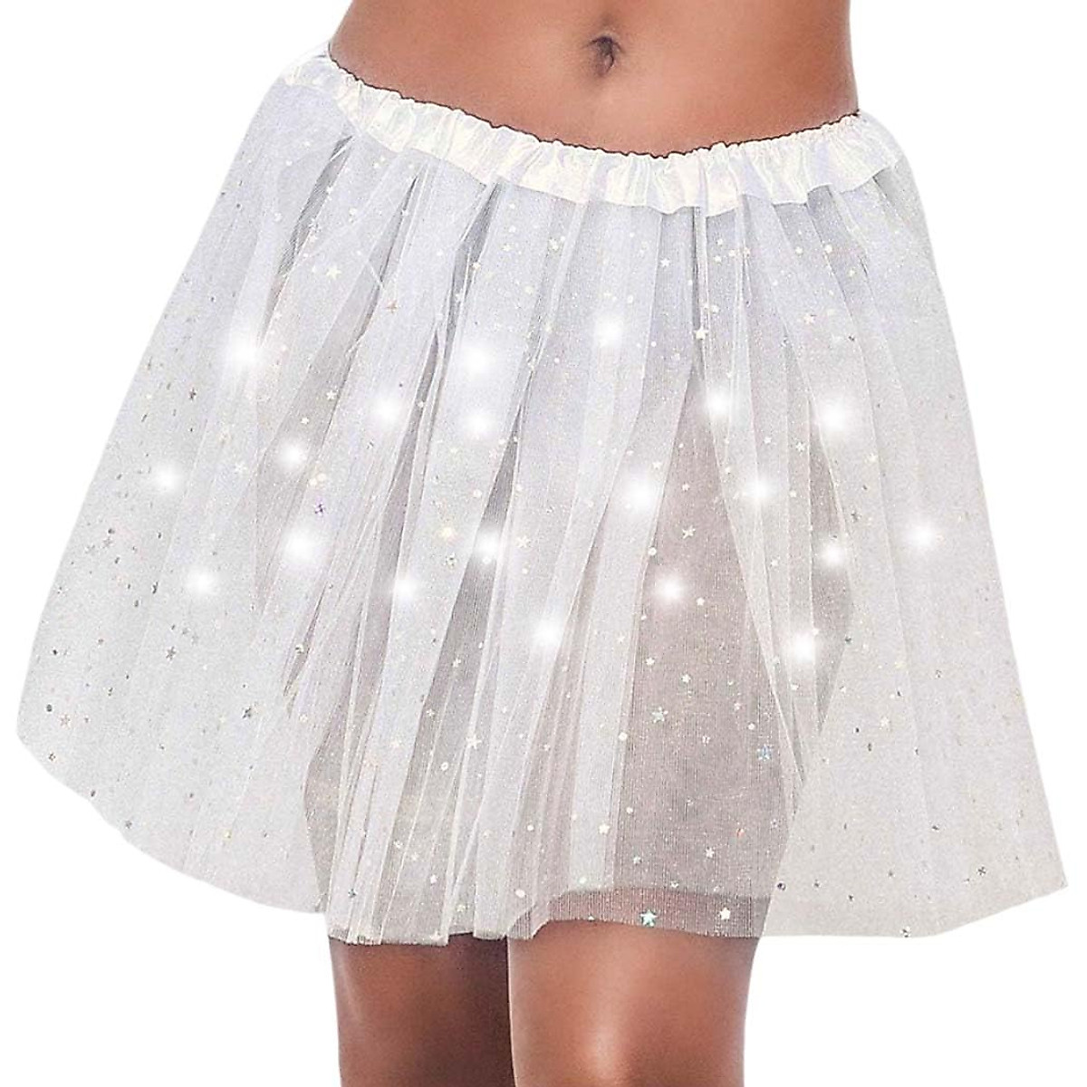 DRESBE Women's LED Skirt Light Up Star Tutus Glow Tulle Dance Skirts Party Rave Festival Halloween Clothes (White - White Light)