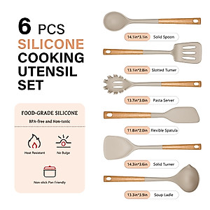 Hvygss Silicone Cooking Utensils Set, Heat Resistance Kitchen Utensils Set with Long Wooden Handle, BPA-free Large Silicone Spatula, Kitchen Tools for Non Stick Frying Pans and Pots, 6 Pcs（Khaki）