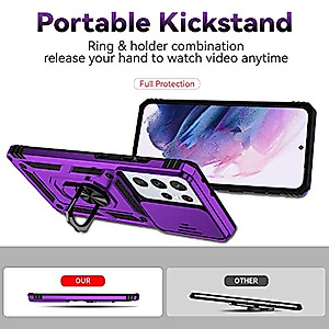 AYMECL for S21 Ultra Case,Galaxy S21 Ultra Case with Slide Camera Cover &[2 Packs] 3D Curved Screen Protector,Built-in 360° Rotate Ring Stand Magnetic Cover Case for Galaxy S21 Ultra 6.8 inch-Purple