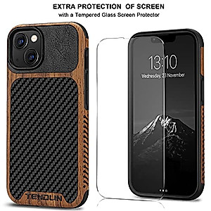 TENDLIN Compatible with iPhone 13 Mini ​Case Wood Grain with Carbon Fiber Texture Design Leather Hybrid Case Compatible for iPhone 13 Mini 5.4-inch Released in 2021 Black