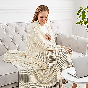 HommxJF Off White Knitted Throw Blankets for Couch, Bedroom and Officeroom,Textured Fade Resistant Soft and Warm Decorative Knitted Blankets with Tassel,50"x60"