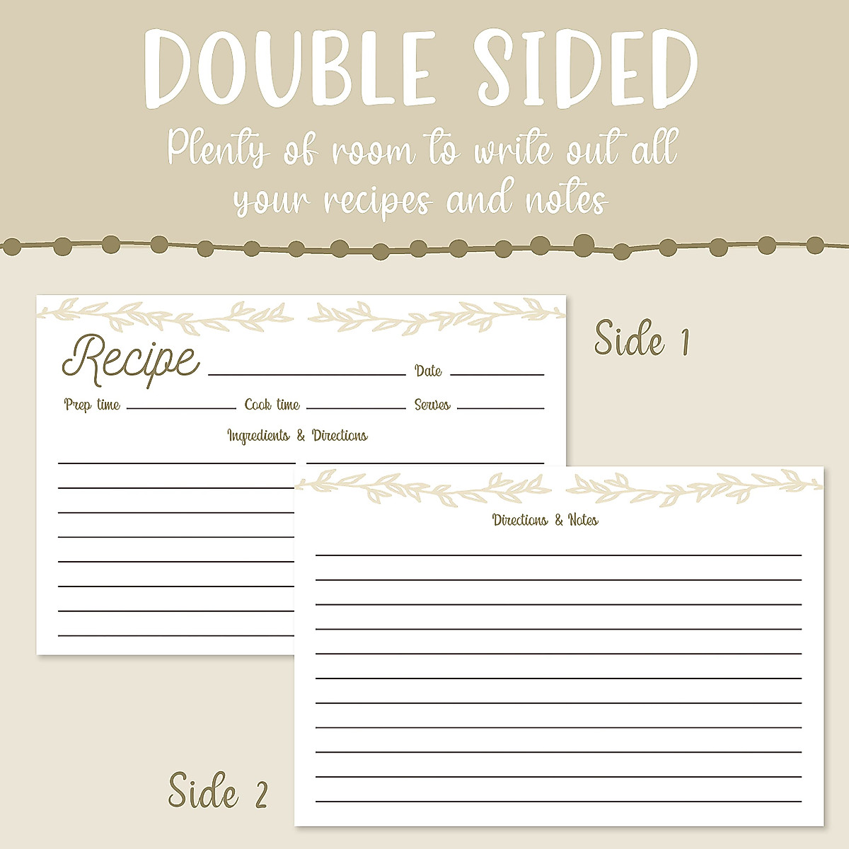 Dekali Designs Rustic Recipe Cards 4x6 Inches (50 Pack) Double Sided Index Cards with Cute Floral Design