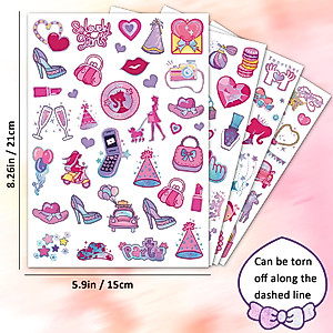 Pink Temporary Tattoos for Kids Girls and Women, Flower Star Handbag Crown Sunglasses Champagne Car Cake Party Fake Tattoos for Decorations, 140+ Styles Temporary Tattoos for Party Supplies & Favors