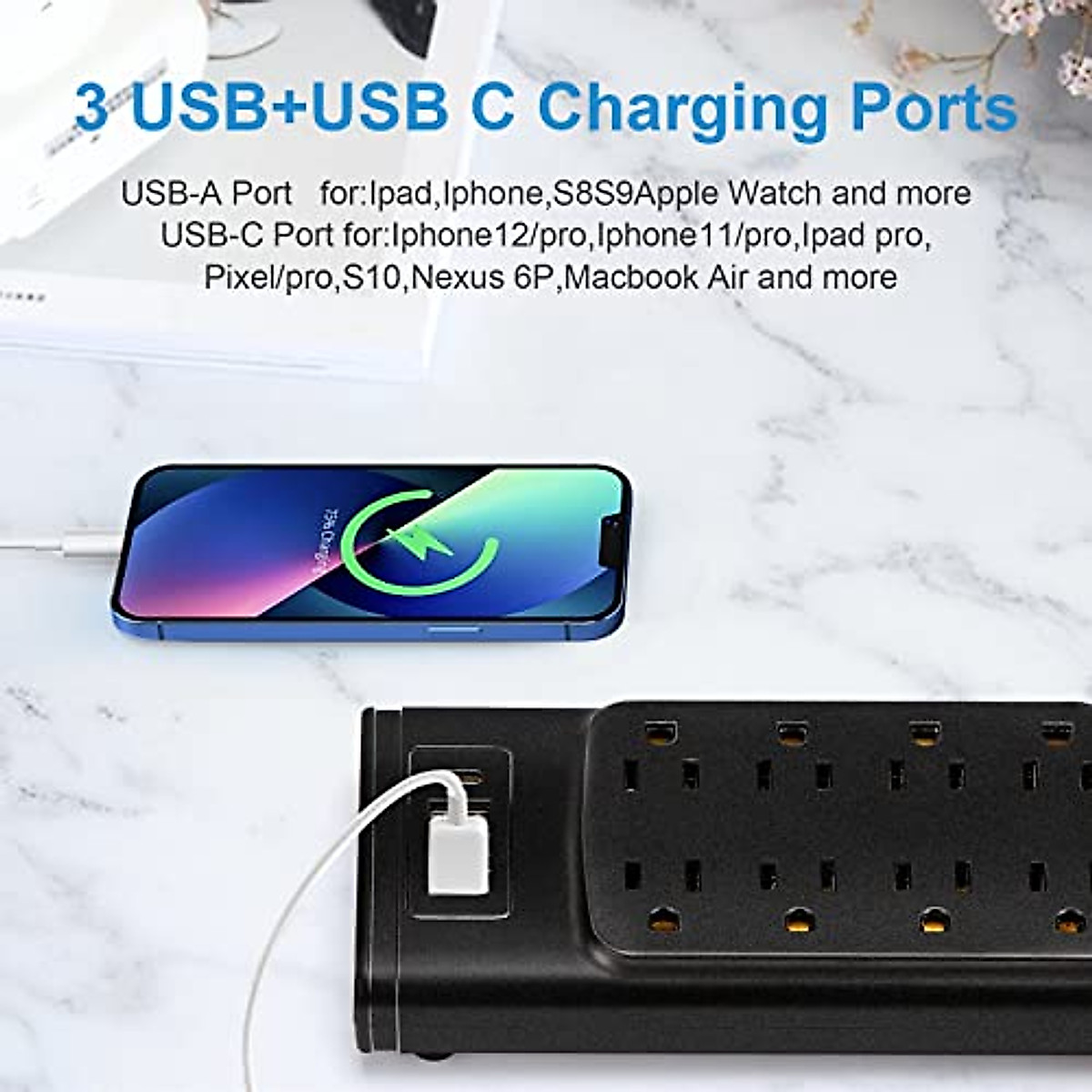 Surge Protector Power Strip 6 ft Flat Plug Power Strip, Multiple Plug Outlet, Outlet with 8 Sockets 4 USBInterface, 1875W, 2700 Joules, Black，Desktop Power Strip