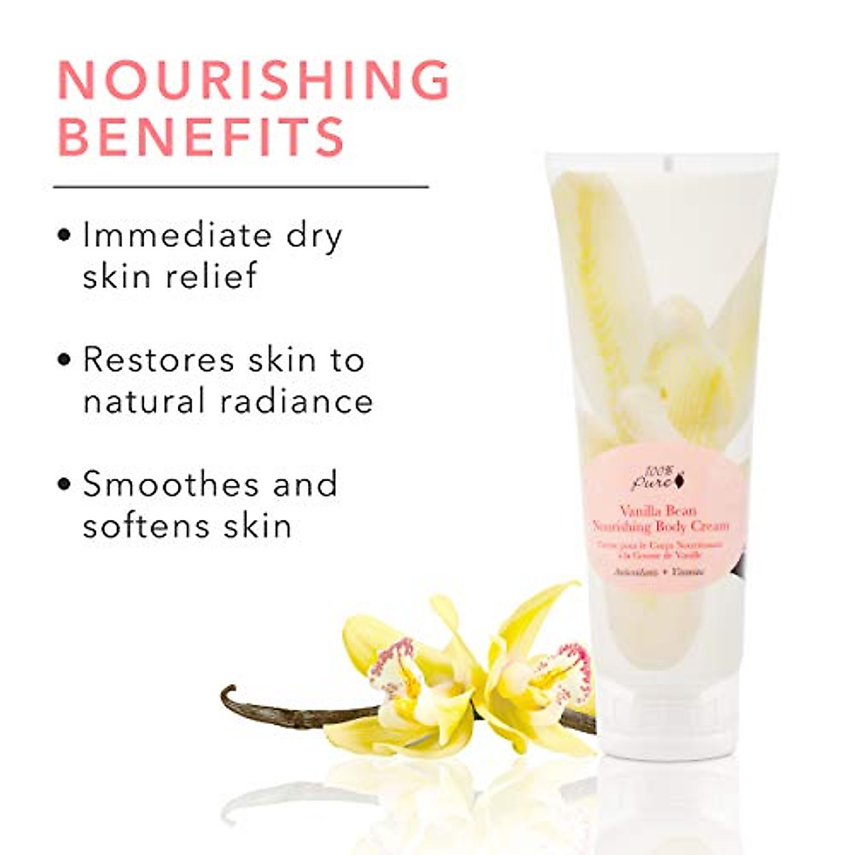 100% PURE Nourishing Body Cream Vanilla Bean Lotion Luxurious Dry Skin Hydration & Replenishment Natural Anti-Aging Moisturizer & Skincare for All Skin Types Women & Men - Vegan - 8 oz