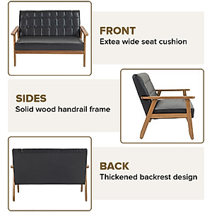 Ufurpie Mid Century Modern Loveseat, 2-Seat PU Leather Upholstered, Comfy Reading Couch, Accent Sofa for Living Room Bedroom, Easy Assembly, Black