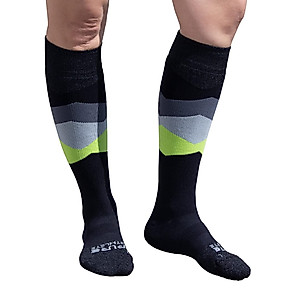 Pure Athlete Eco Friendly Winter Ski Socks - Sustainable Cold Weather Hiking Snowboard Socks (L, 2 Pairs - Black/Grey/Neon Green)