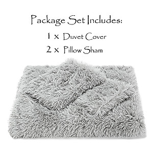 Chanasya Premium Long Fur Duvet Cover Set - Faux Fur & Minky Blanket Duvet Cover (104” x 90”) & 2 Pillow Shams (20” x 36”) - 3-Piece Set, Gray, King