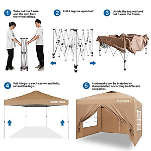 OASISHOME Pop-up Gazebo Instant Canopy Tent 10'x10', with 4 Sidewalls, Windows, Wheeled Bag, for Patio/Outdoor/Wedding Parties and Events (10FTx10FT, Khaki)