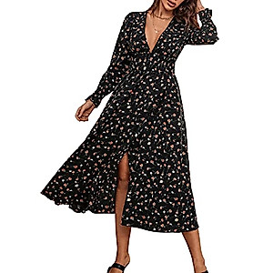 SweatyRocks Women's Deep V Neck Long Sleeve Floral Dress Boho Split A Line Long Dresses Black XL