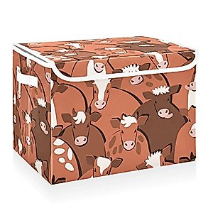 CaTaKu Cartoon Cow Animals Storage Bins with Lids and Handles, Fabric Large Storage Container Cube Basket with Lid Decorative Storage Boxes for Organizing Clothes