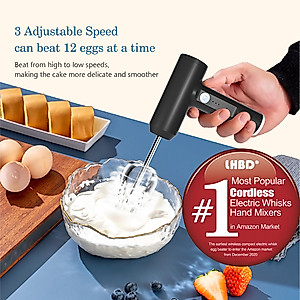 LHBD Cordless Hand Mixer- Electric Whisk USB Rechargeable Handheld Electric Mixing with 3 Speed Self-Control,304 Stainless Steel Egg Beaters & Balloon Whisk for Gifts,Tarts,Pancakes (black)