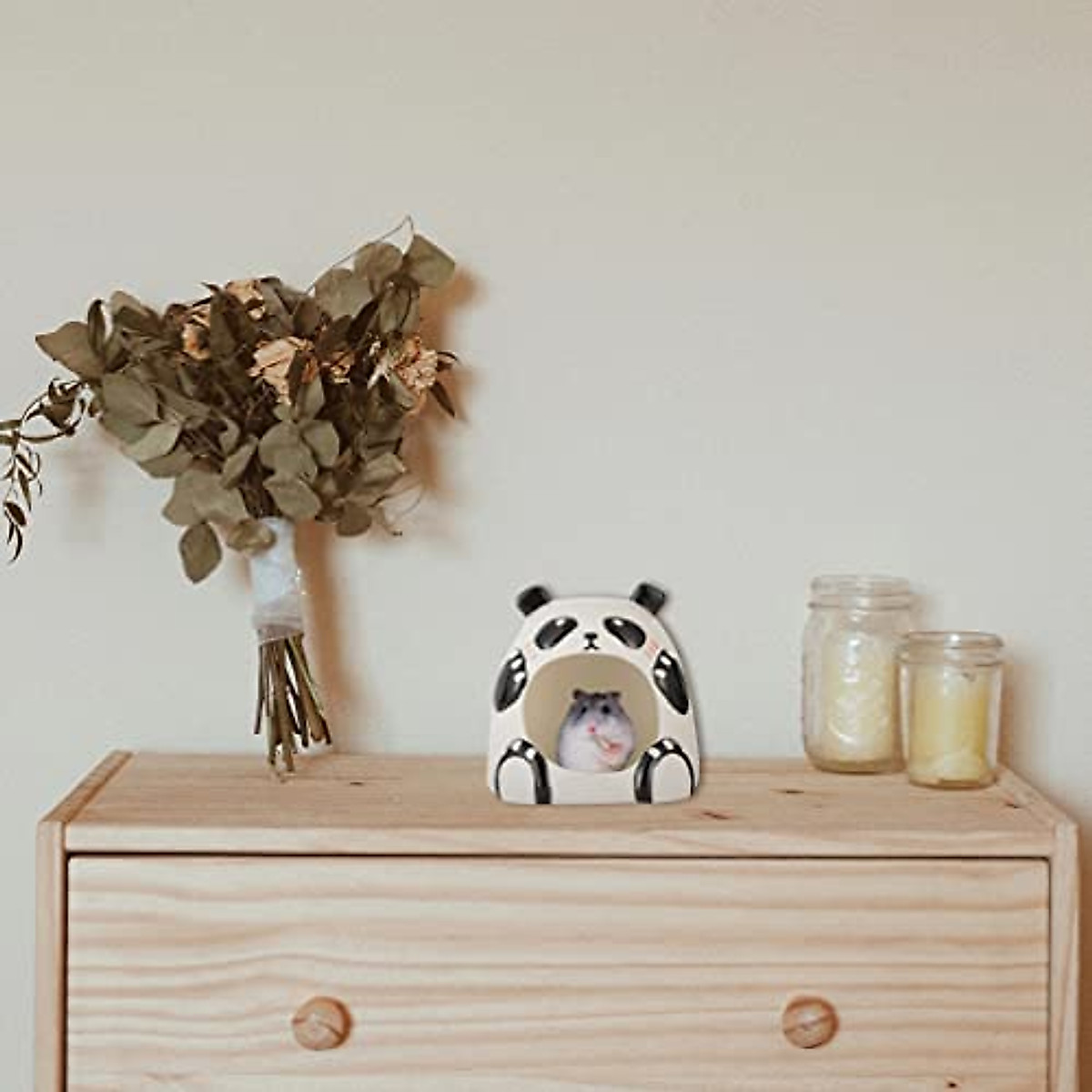 VILLCASE Small Animal Ceramic Critter Bath Hamster Hideout Pet House Panda Shape Hamster Hut Cave Summer Cool Chinchilla Nest Pet Habitat Cage for Dwarf Hamsters Gerbils