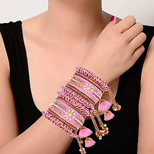 Aheli Wedding Party Designer Velvet Faux Stone Studded Bridal Bangle Set Chuda with Hangings Indian Traditional Ethnic Fashion Jewelry for Women Pink