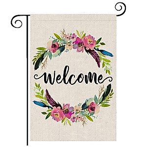 Spring Welcome Burlap Garden Flag (12x18, Double Sided) Small Mini Rustic Farmhouse Watercolor Decorative Yard Flag for Outside