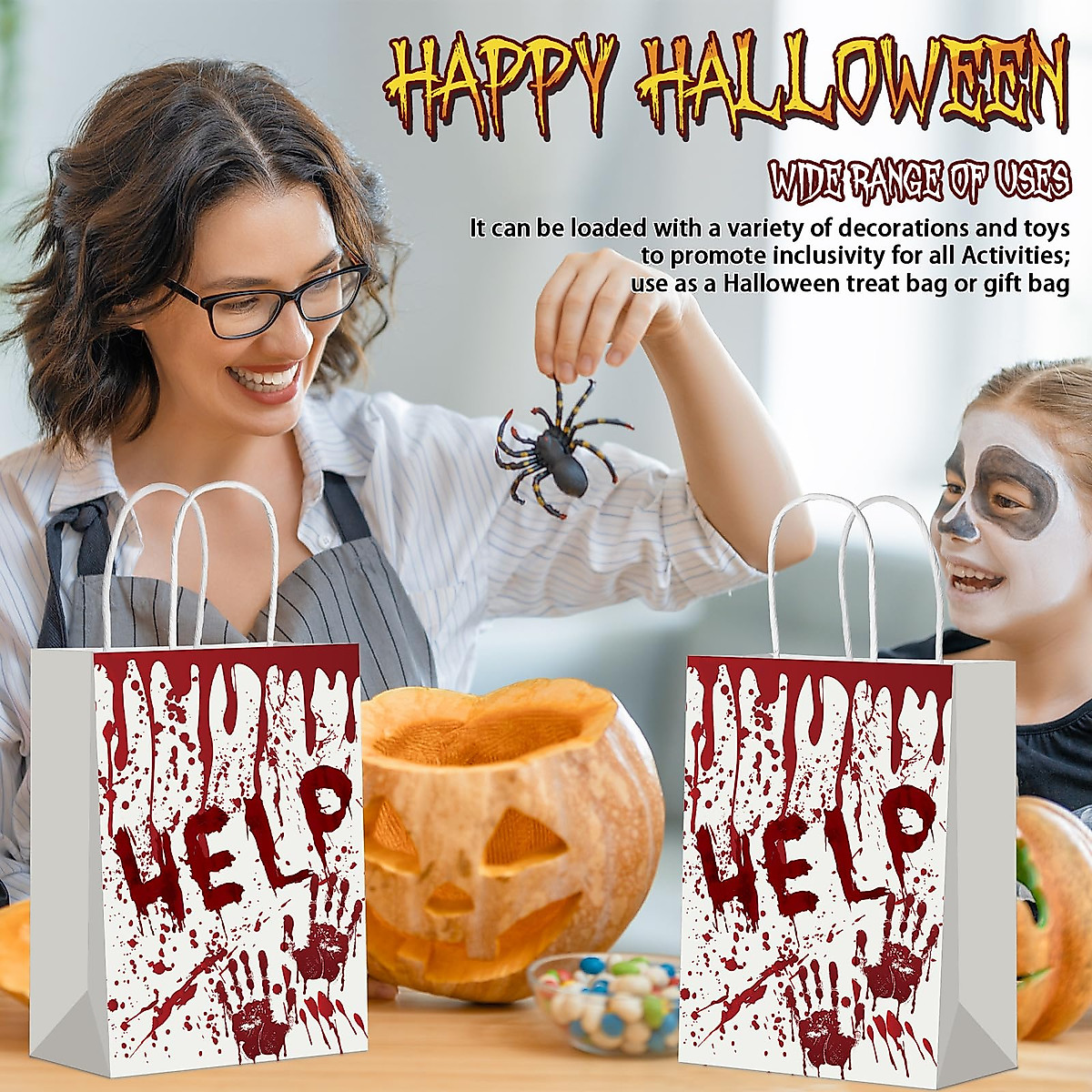 Meanplan Halloween Bloody Goodies Candy Bags Horror Bloody Treat Favor Gift Bags Scary Bloody Handles Paper Bags for Halloween Bloody Handprint Party Decorations (16 Pieces)