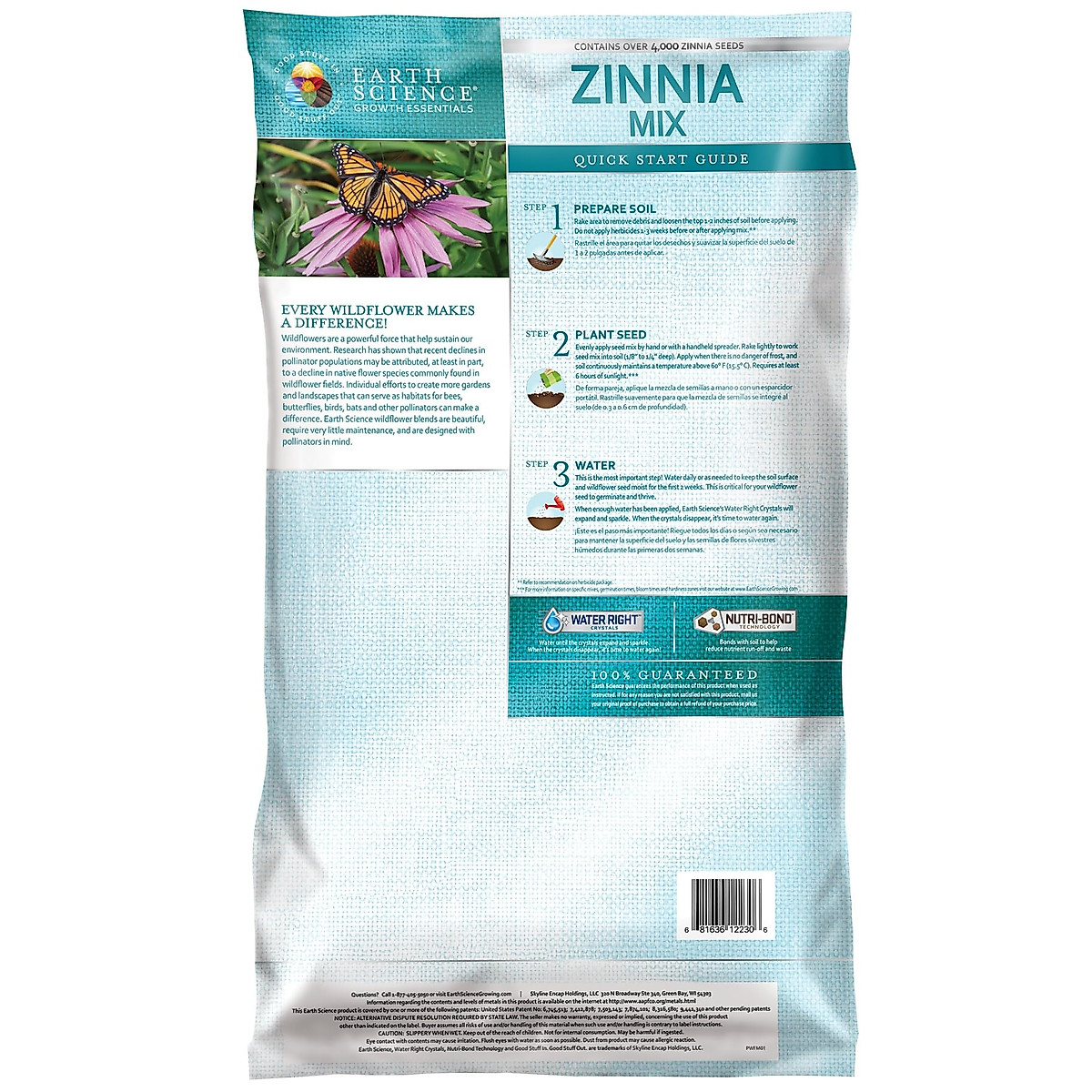 Earth Science Zinnia Mix from Earth Science (6 lb), 3-in-1 Mix with Premium Wildflower Seed, Plant Food and Soil Conditioners, Non-GMO