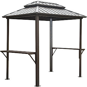 8'X6' Grill Gazebo Hardtop, Steel Grill Gazebo with Two Shelves Serving Tables, Permanent Double Roof Hard Top Gazebo, Heavy Duty Aluminum BBQ Gazebo for Patio, Deck, Backyard and Garden (Brown)
