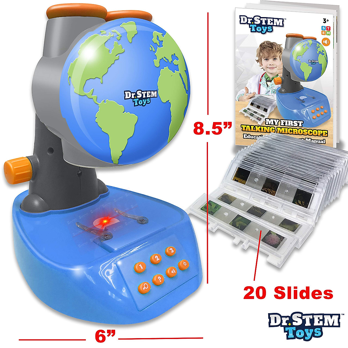 Dr. STEM Toys - Talking Microscope for Kids with Twenty Slides Containing Sixty Specimens, Over 120 Quiz Facts, Adjustable Focus, and Light-Up Platform