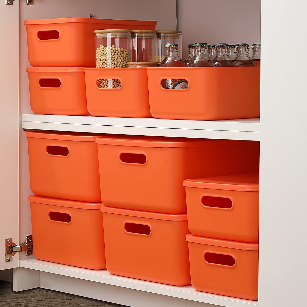 Yishyfier Plastic Storage Baskets With Lid Organizing Container Lidded Knit Storage Organizer Bins for Shelves Drawers Desktop Closet Playroom Classroom Office (4M+2S, Orange)