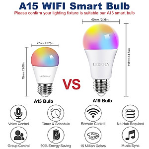 LEDEPLY 5W=40W, A15 Smart Bulb, Compatible with Alexa, Google Home, E26, Color Changing, Dimmable LED WiFi Light Bulbs, No Hub Required, 1 Pack
