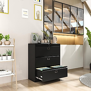 VIYET Lateral File Cabinet with Lock,3 Drawer Metal File Cabinets, Home Office Storage Cabinet for Hanging Files Letter/Legal/F4/A4 (Black)