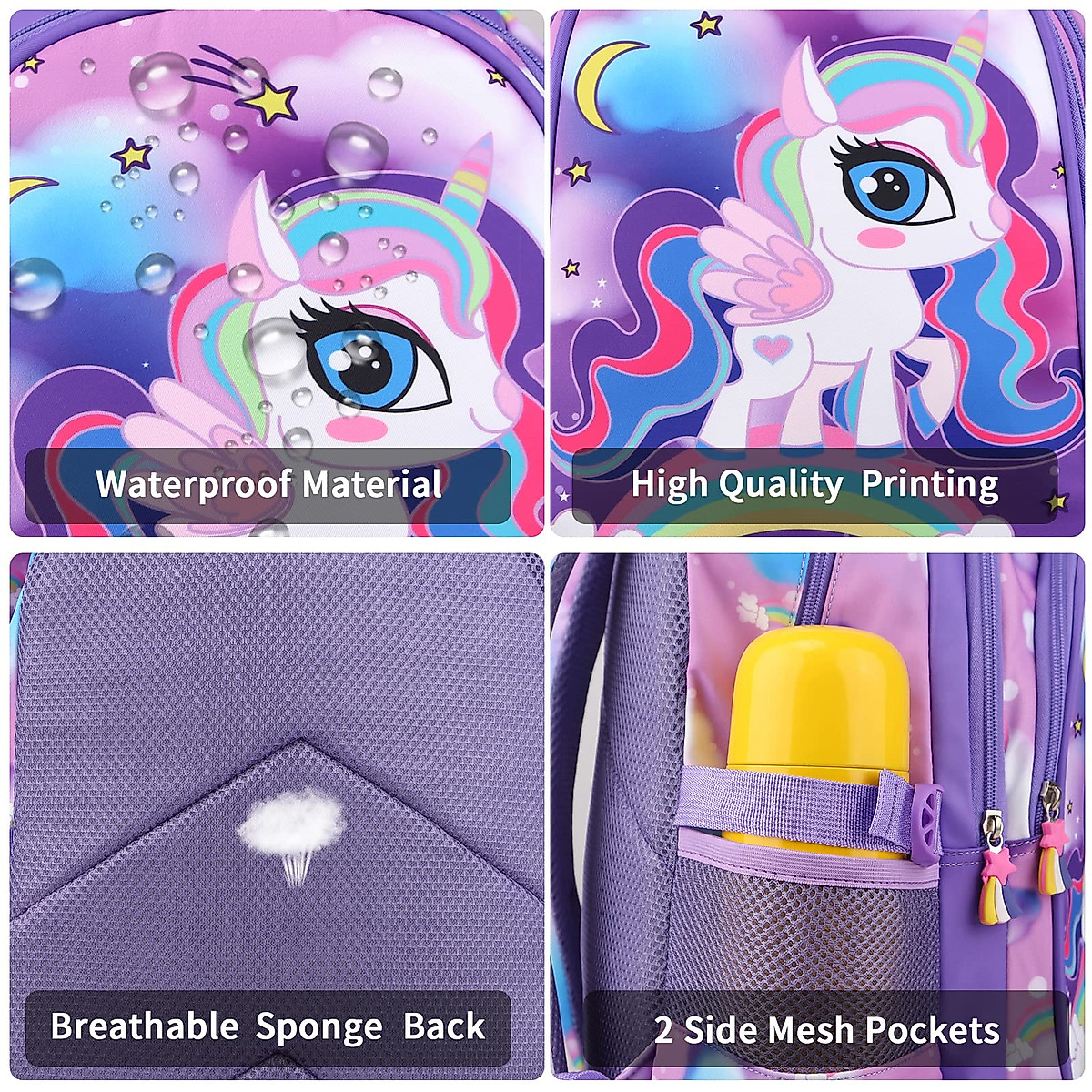 Wisiley Kids Backpack 16 in Multifunctional Large Capacity Unicorn School Backpack for Girls Cute Lightweight Toddler Schoolbag with Bottle Side Pockets Preschool Girls Elementary Leisure Schoolbag